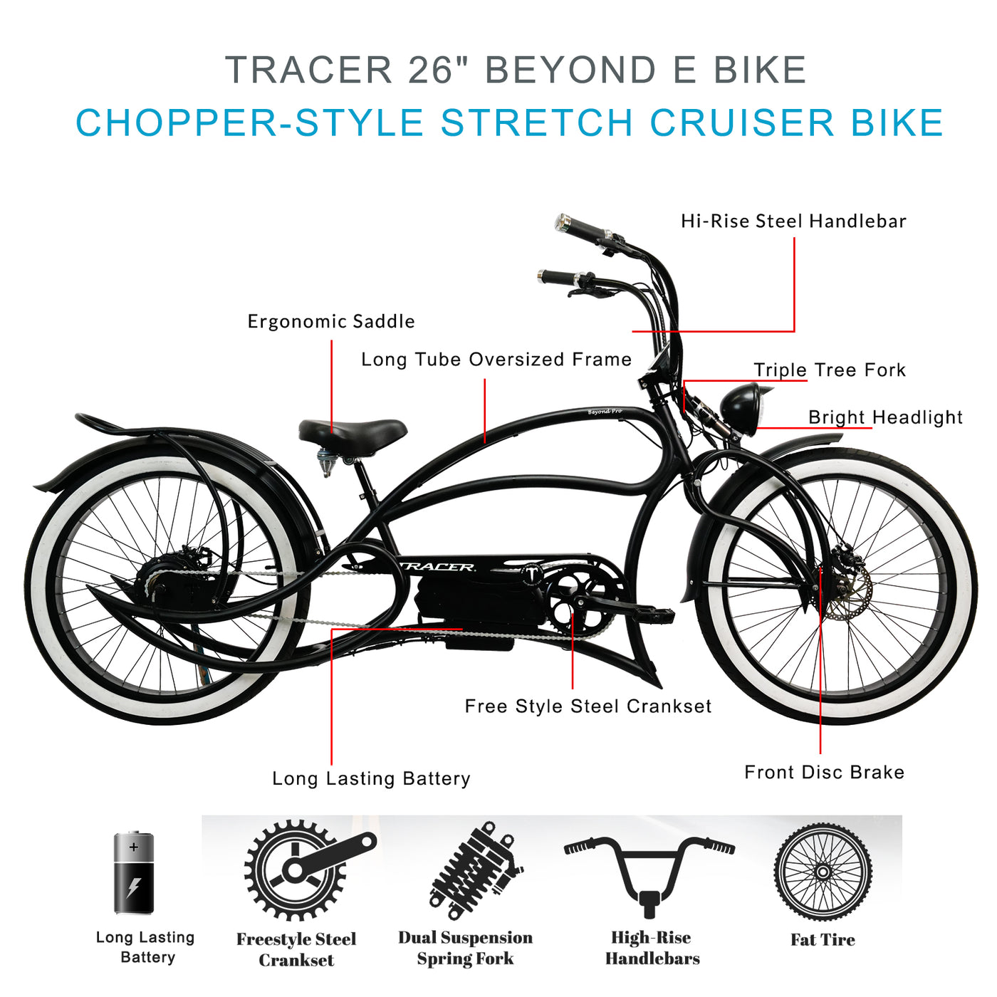 Tracer Beyond Pro 26'' Classic Stretch Chopper EBike – Tracer Bikes