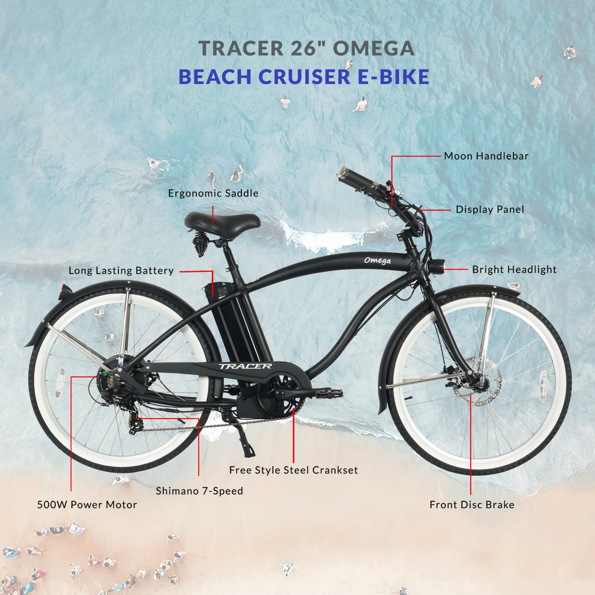 Tracer OMEGA 26" 7 Speed Electric Beach Cruiser Bike for Men 500W