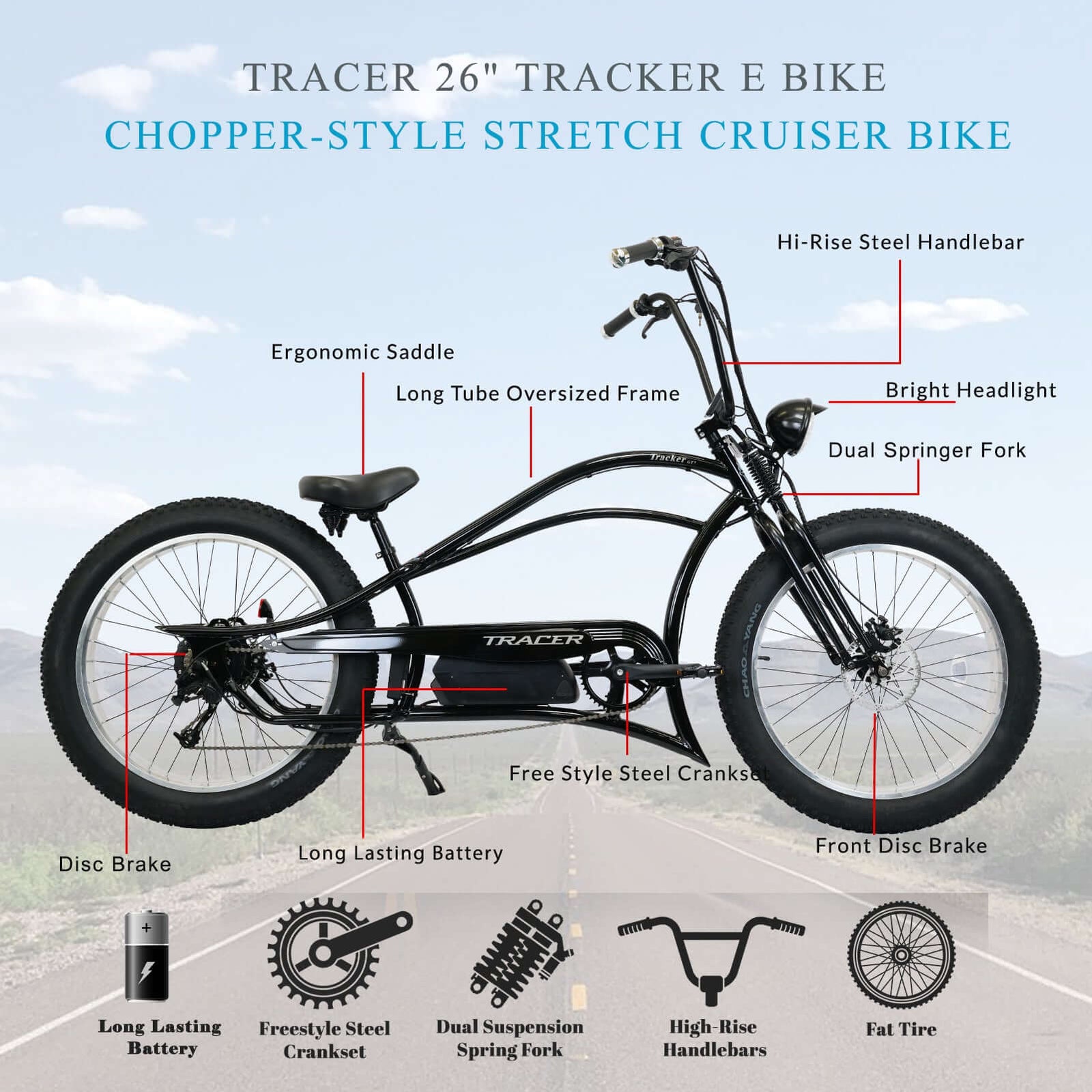 Tracer Tracker DS7 26" 7 Speed Stretch E-Bike with Dual Springer Fork